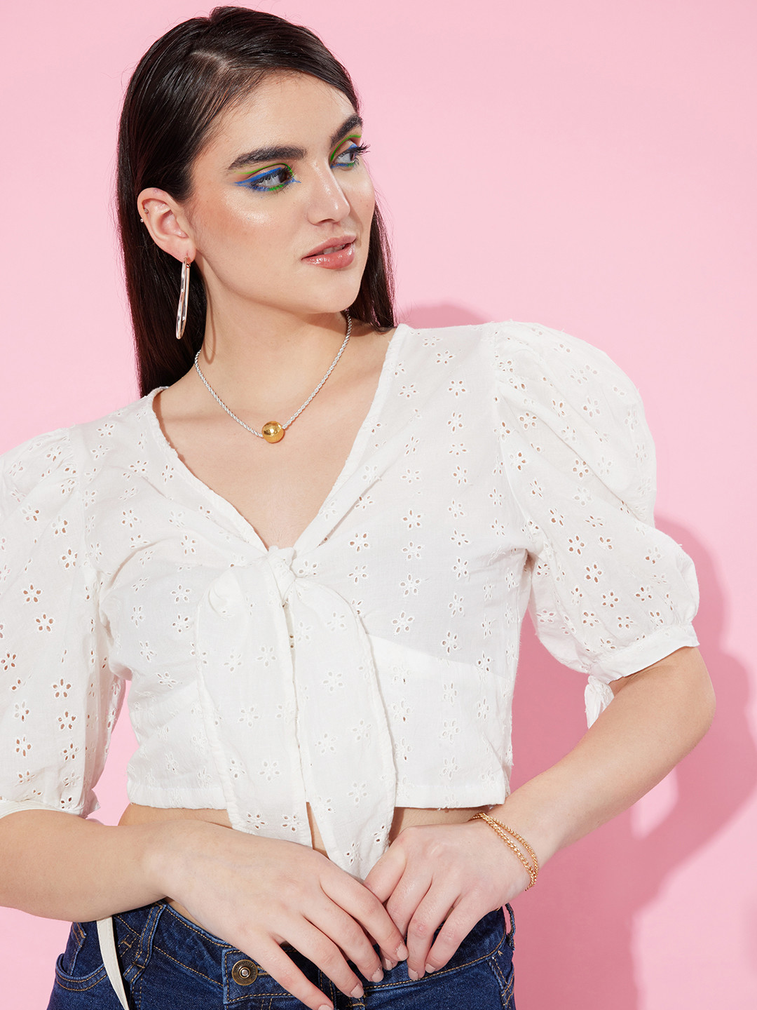 Buy Moda Rapido Floral Self Design Tie Up Neck Puff Sleeves Cotton ...