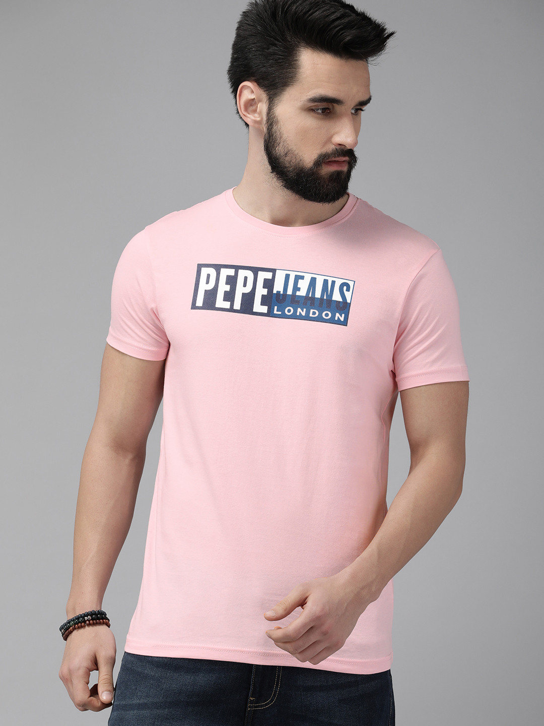 Buy Pepe Jeans Men Pink Brand Logo Printed Pure Cotton Slim Fit T Shirt ...