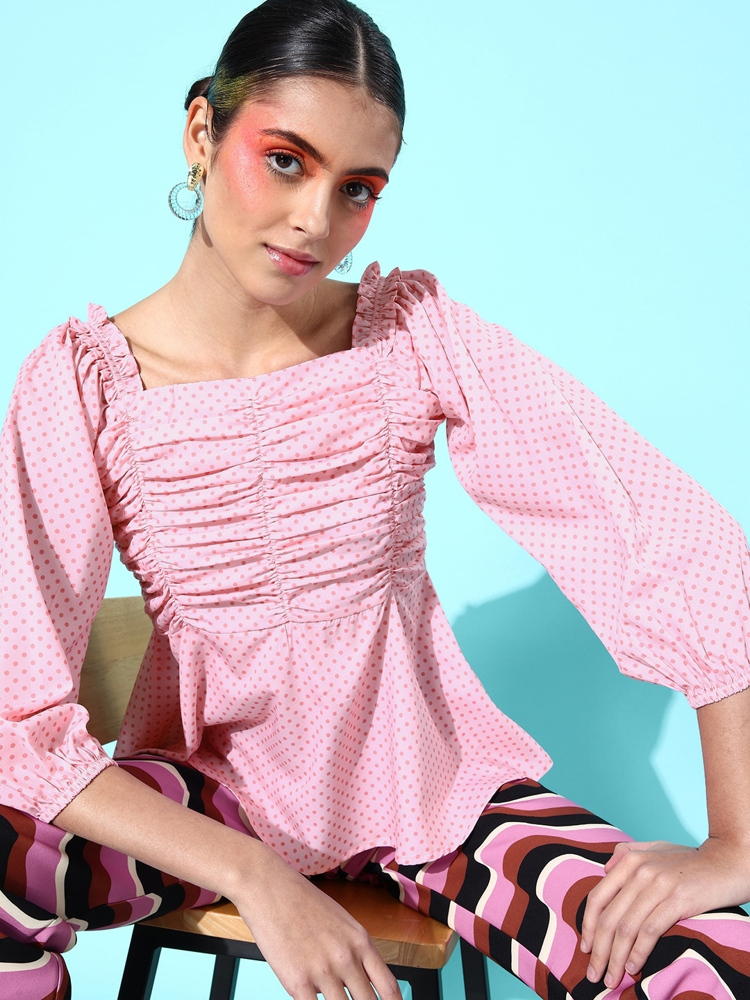 Buy Moda Rapido Polka Dots Print Square Neck Bishop Sleeves Ruffles