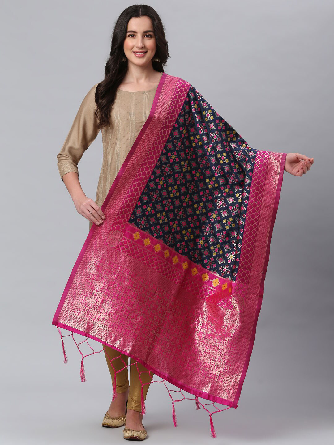 Buy Lilots Women Navy Blue & Pink Ethnic Motifs Woven Design Dupatta ...