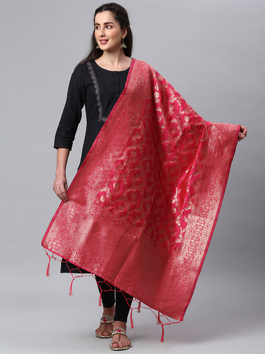 Buy Lilots Red & Gold Toned Ethnic Motifs Woven Design Dupatta ...
