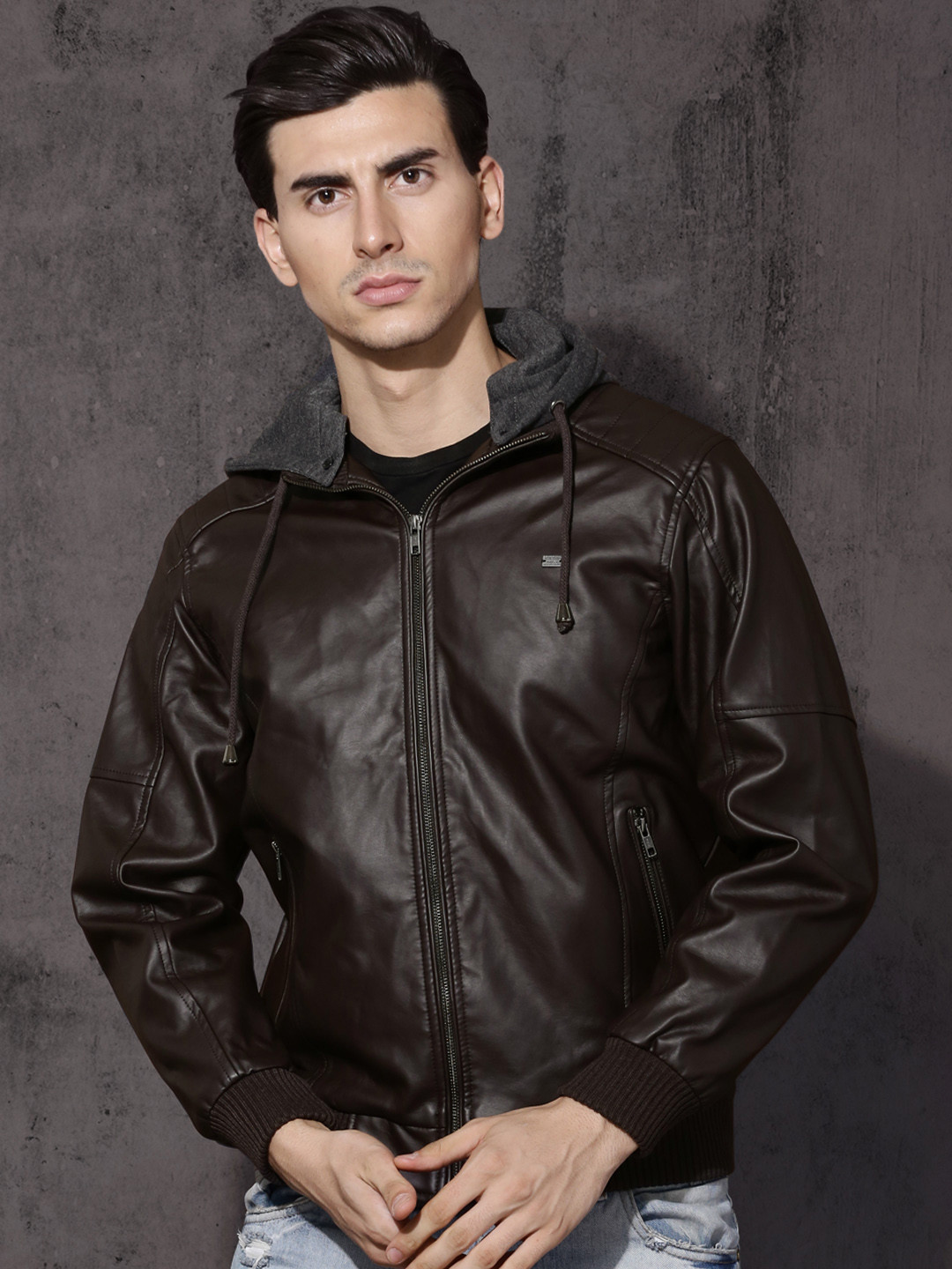 Buy Roadster Men Coffee Brown Solid Biker Jacket - Jackets for Men ...