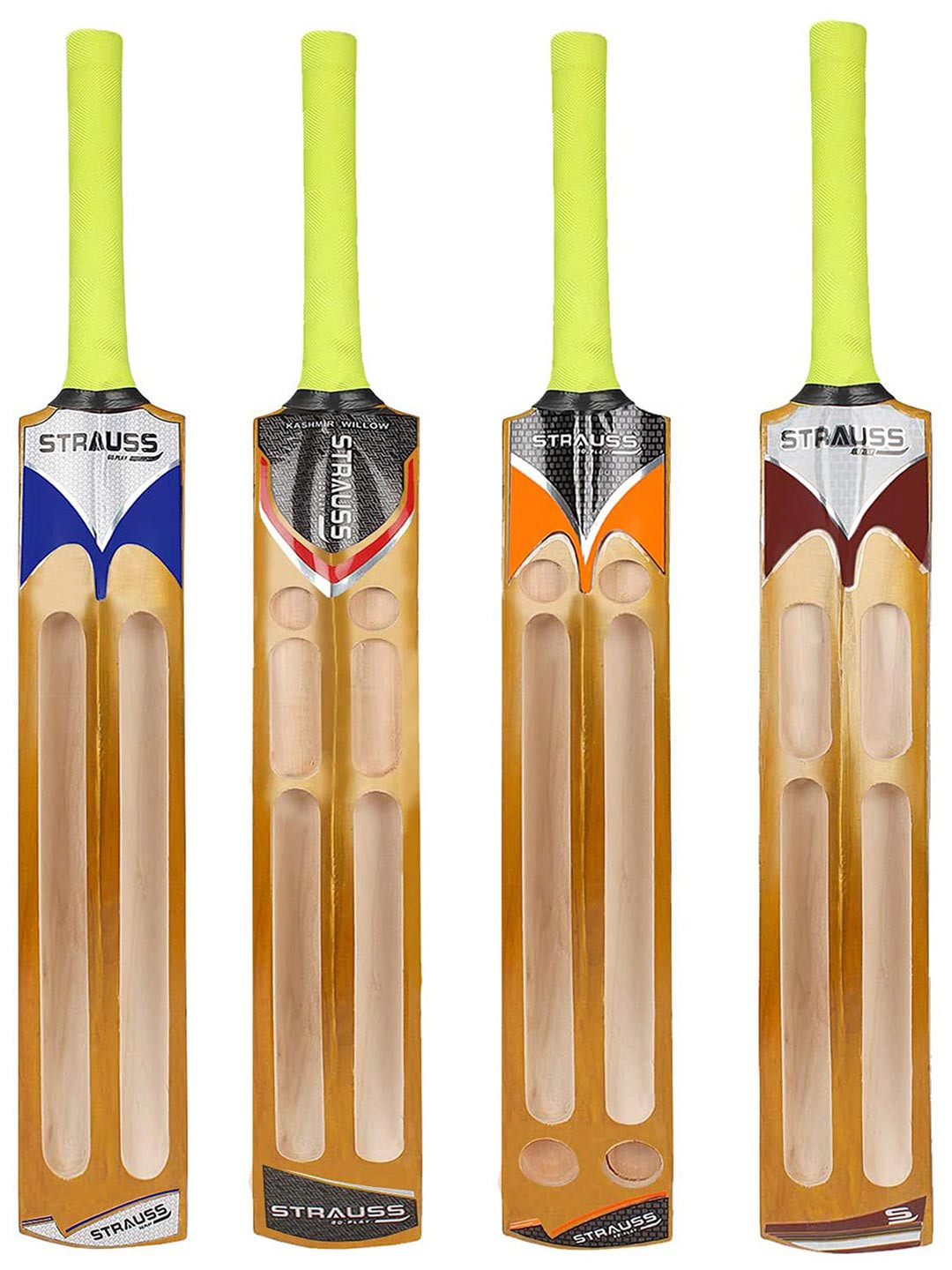 Buy STRAUSS Kids Set Of 4 Beige & Blue Printed Willow Wood Cricket Bat ...