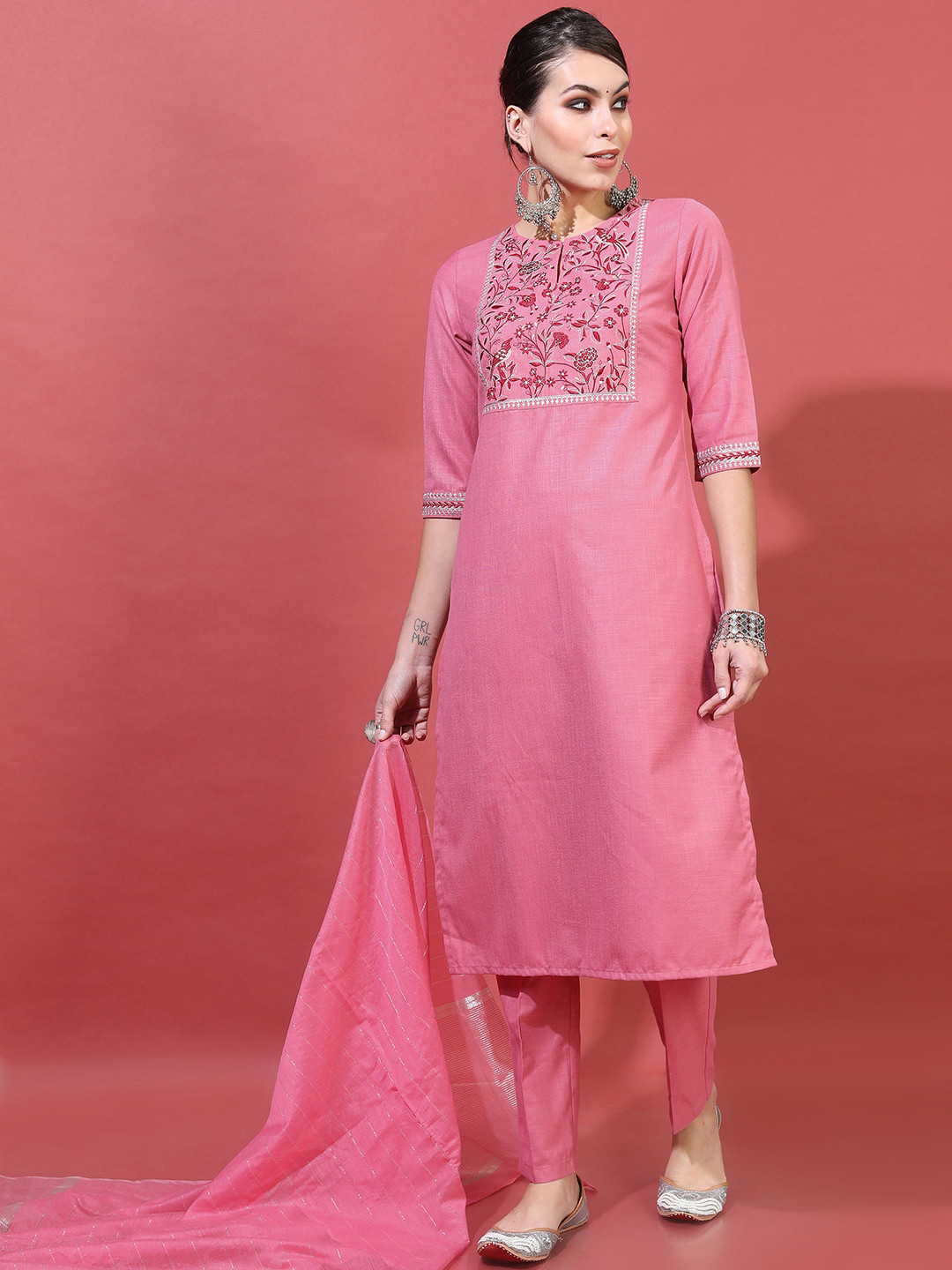Buy Vishudh Women Rose Yoke Design Thread Work Kurta With Trousers ...