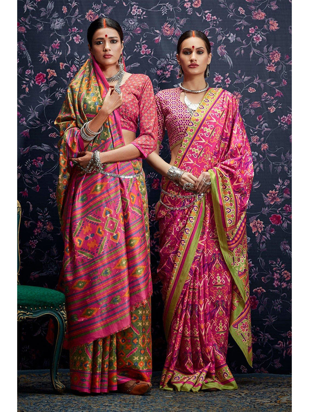 Buy KARAGIRI Green & Pink Zari Silk Blend Patola Saree - Sarees for ...