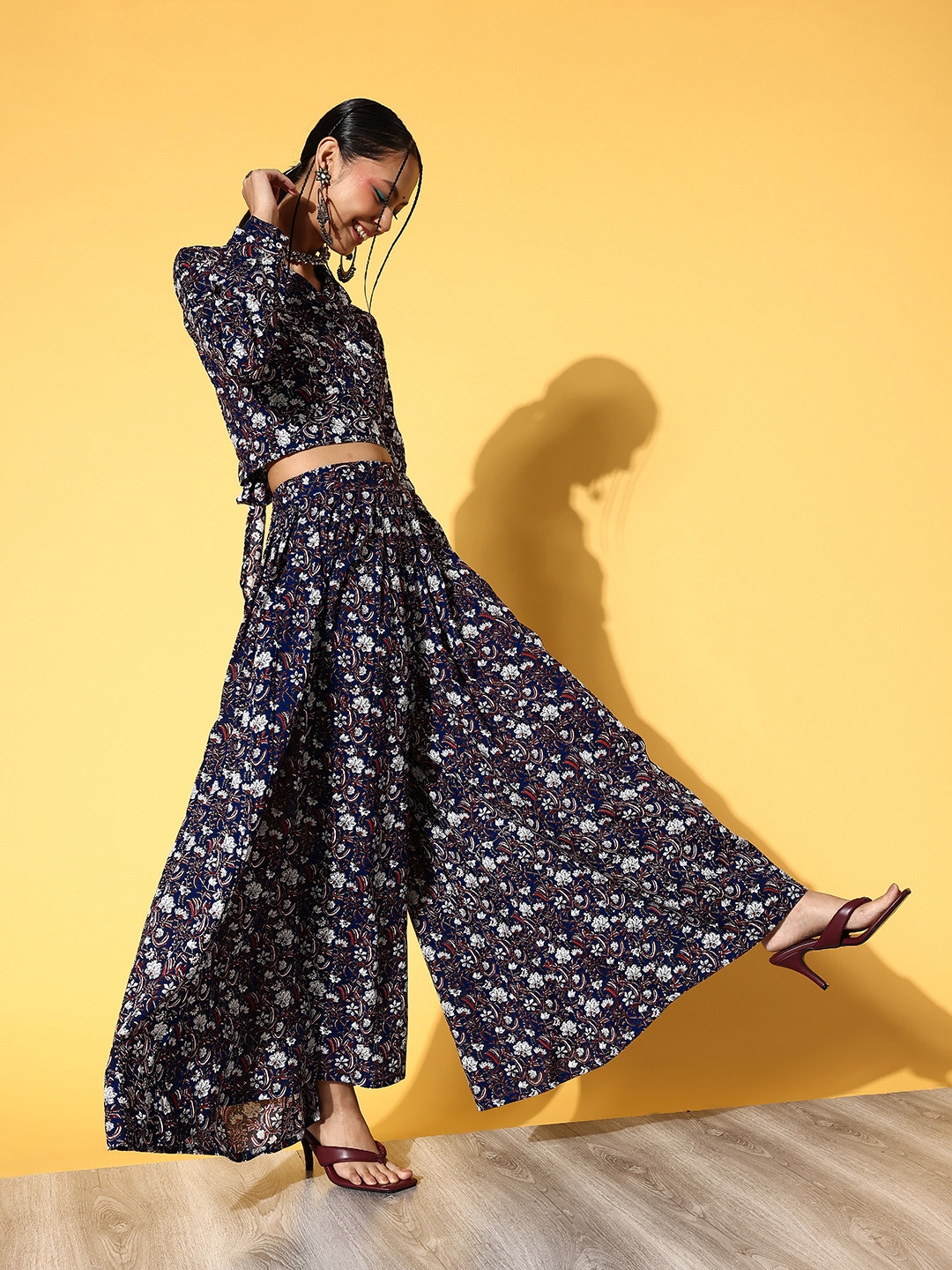 Buy Anouk Women Elegant Navy Blue Printed Top With Palazzos - Co Ords ... Buy Anouk Women Elegant Navy Blue Printed Top With Palazzos - Co Ords ...