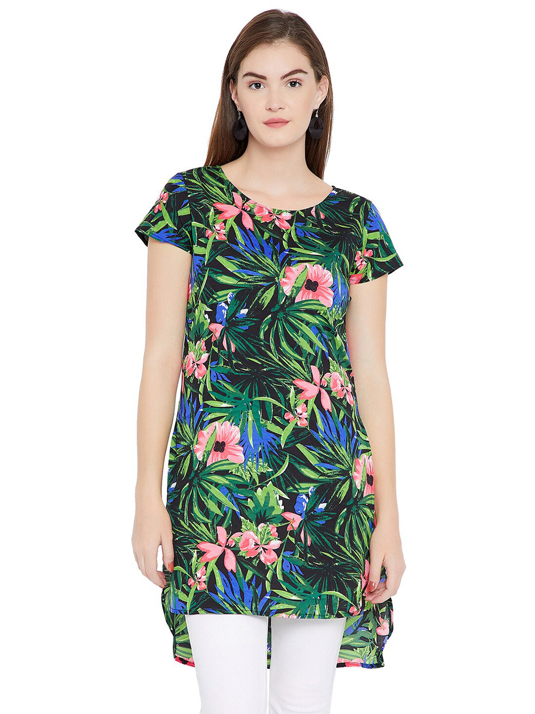 Buy Ruhaans Green & Pink Floral Printed High Low Tunic - Tunics for ...
