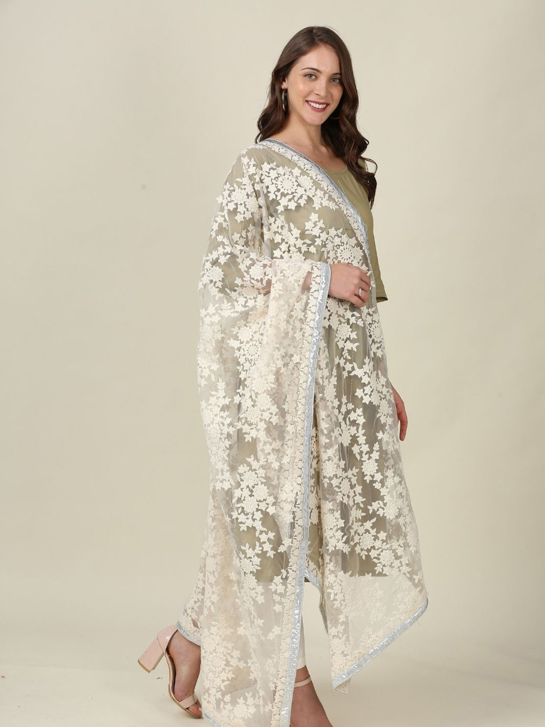 Buy Dupatta Bazaar Women's Off White Embroidered Dupatta With Silver ...