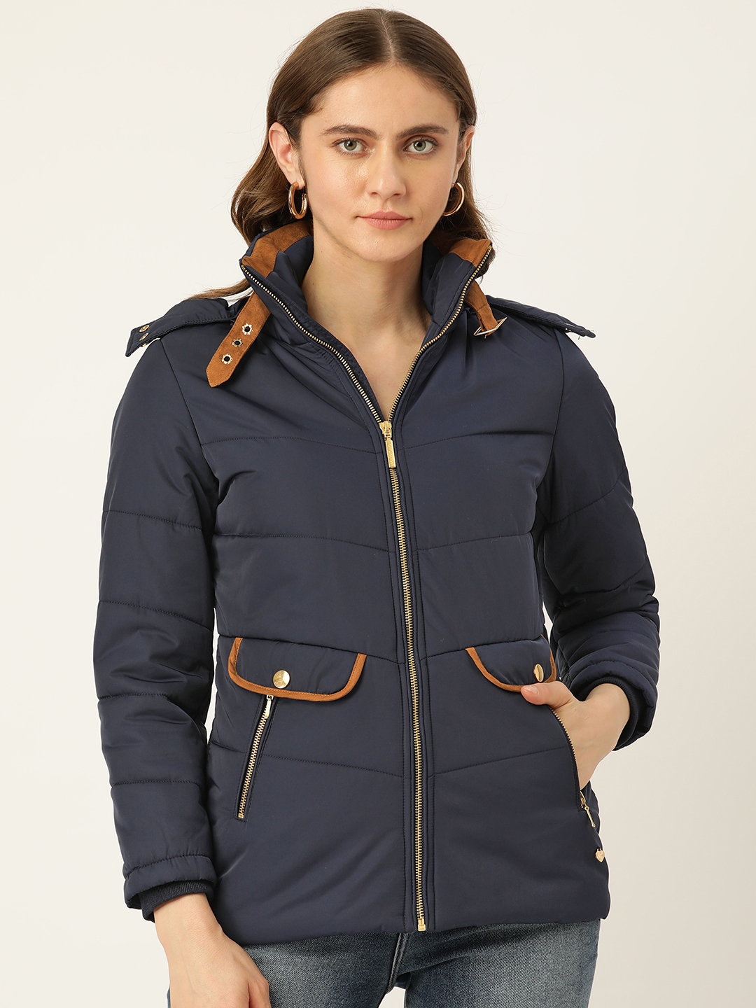 Buy Monte Carlo Women Navy Blue Solid Hooded Padded Jacket Jackets