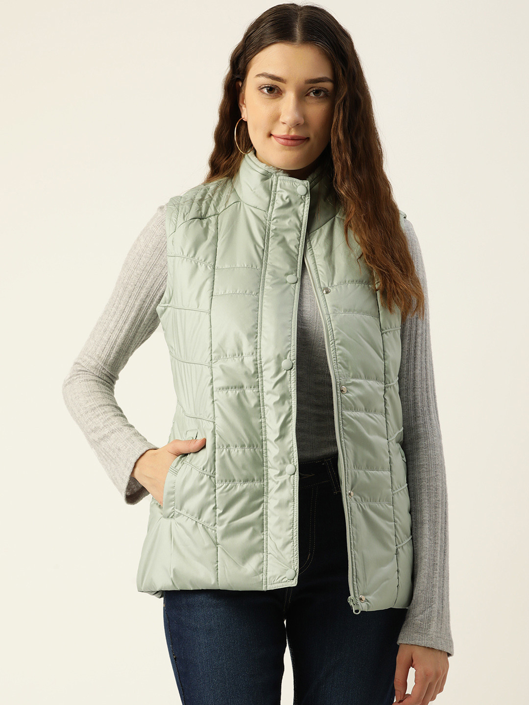 Buy Monte Carlo Women Mint Green Solid Sleeveless Padded Jacket ...