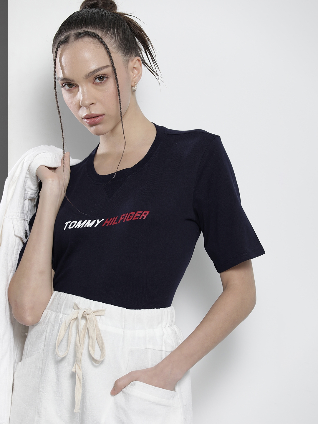Buy Tommy Hilfiger Women Navy Blue Brand Logo Printed Pure Cotton T