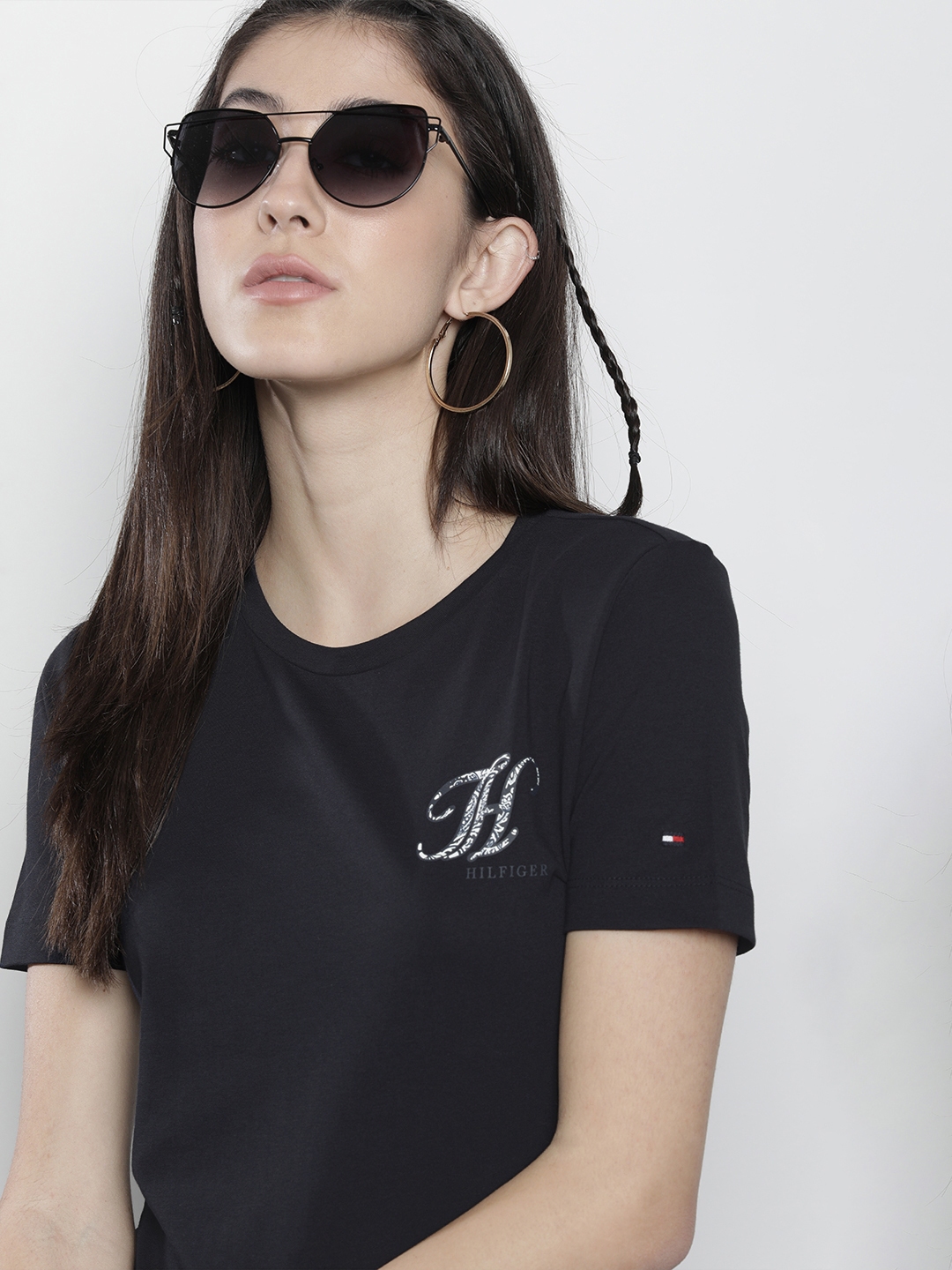 Buy Tommy Hilfiger Women Navy Blue Brand Logo Printed Pure Cotton Slim