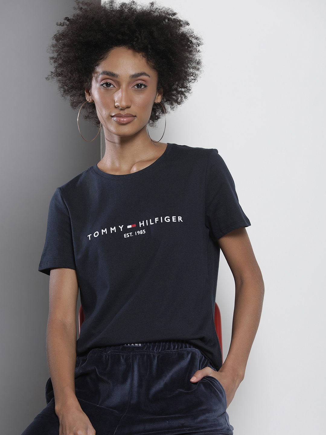 Buy Tommy Hilfiger Women Navy Blue Brand Logo Embroidered Pure Cotton T