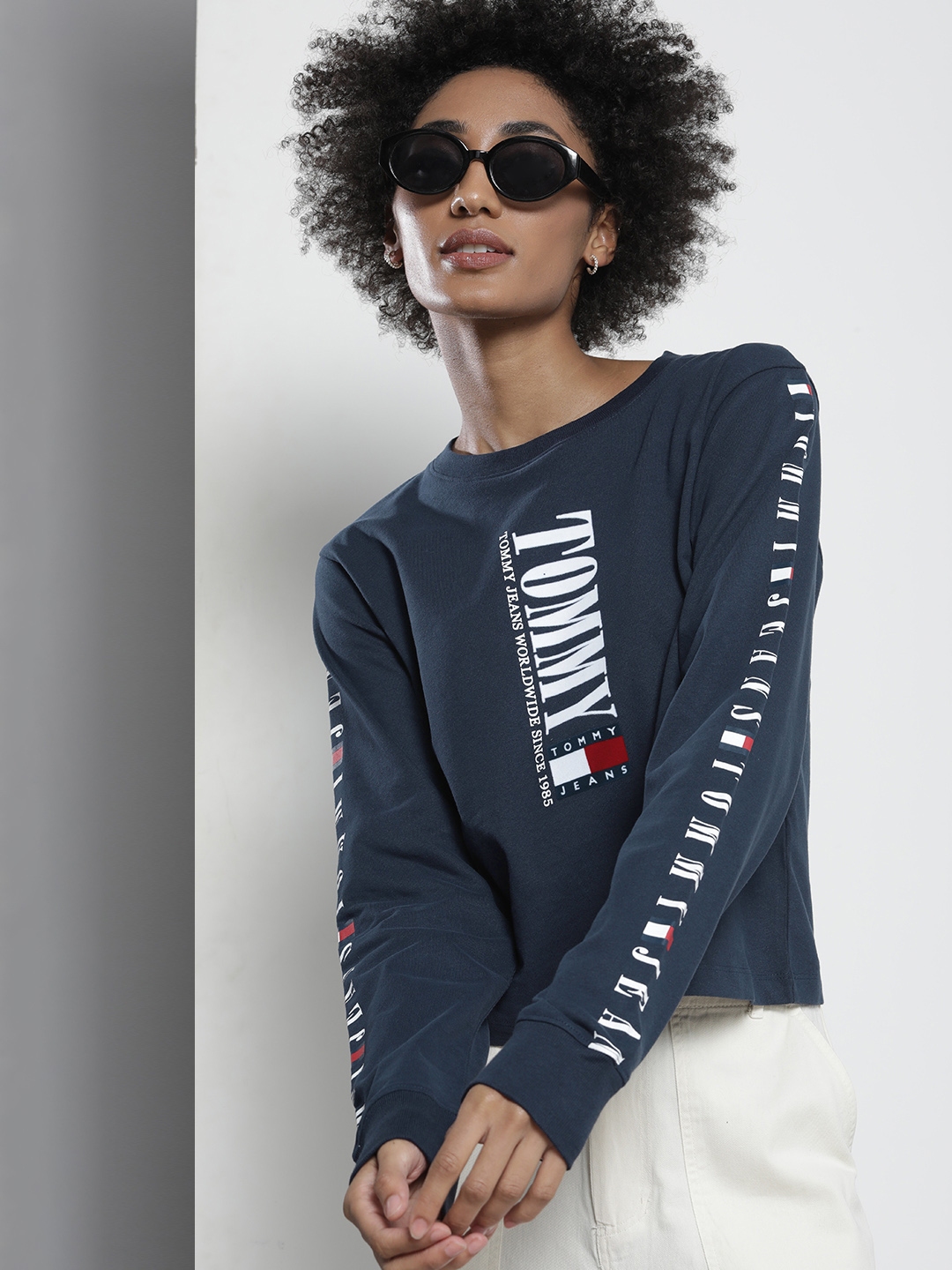 Buy Tommy Hilfiger Women Navy Blue Brand Logo Printed Pure Cotton