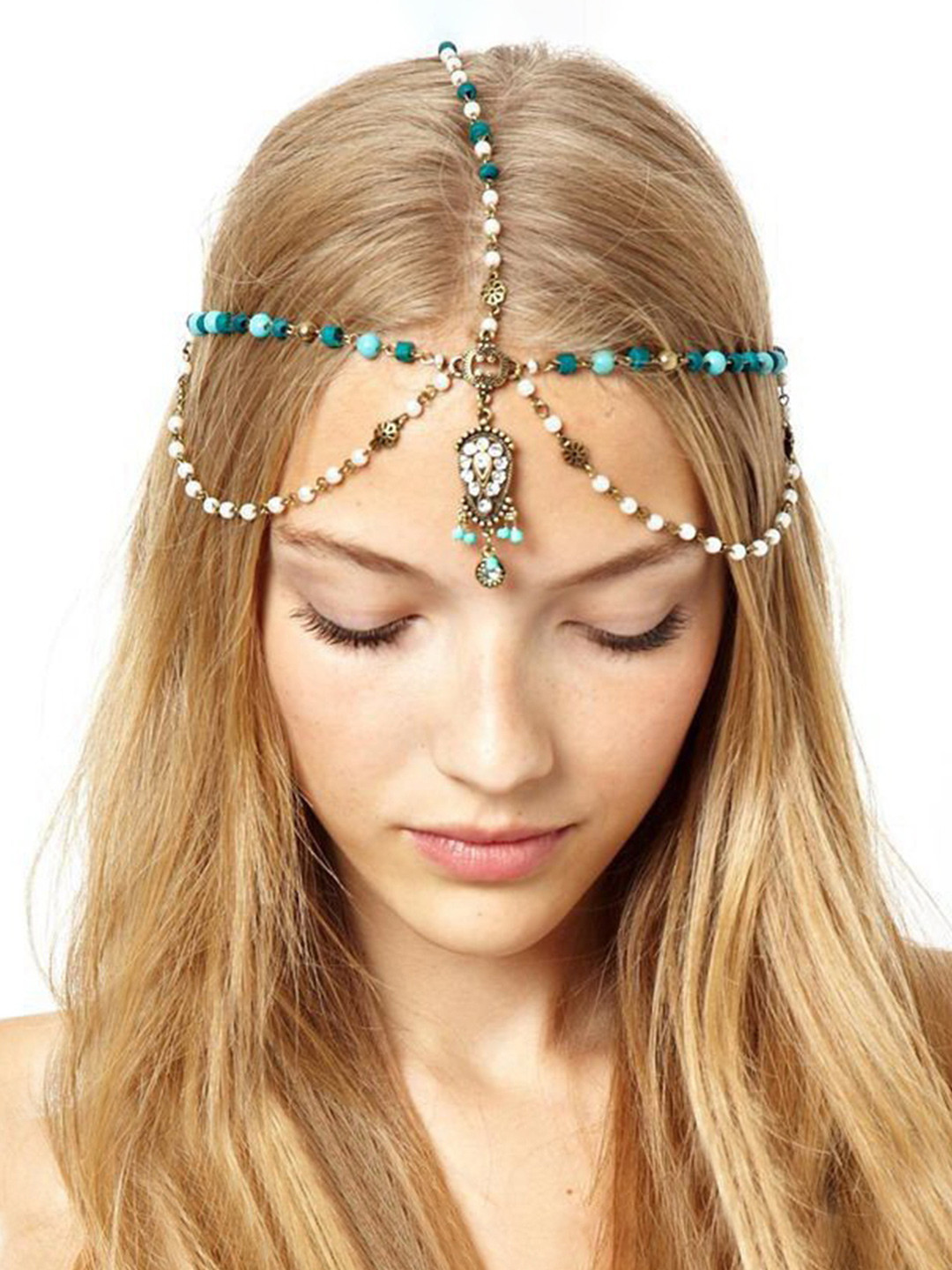 Buy Yellow Chimes Women Blue & White Bohemian Crystal Headband With ...