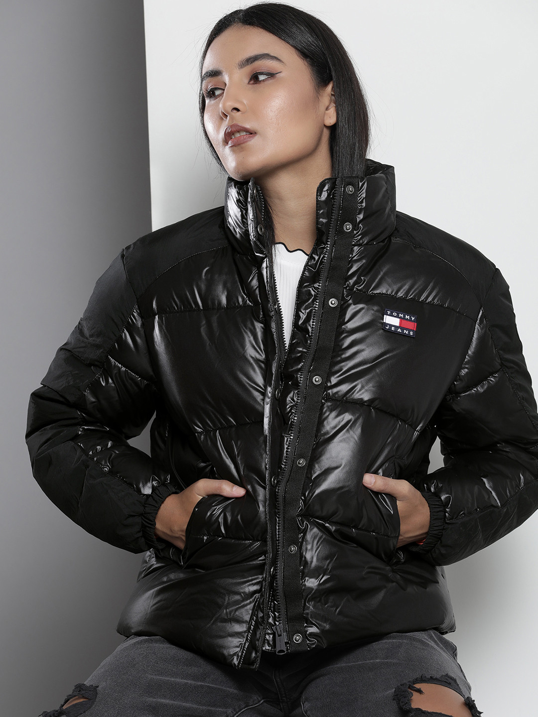 Buy Tommy Hilfiger Women Black Solid Puffer Jacket - Jackets for Women ...