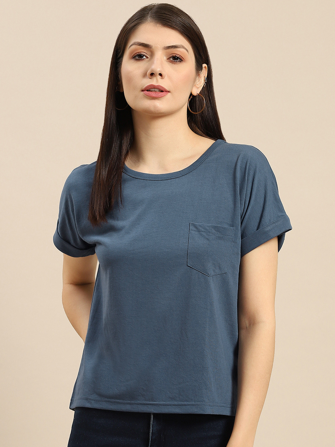 Buy HILL STREET Women Navy Blue Solid T Shirt - Tshirts for Women ...
