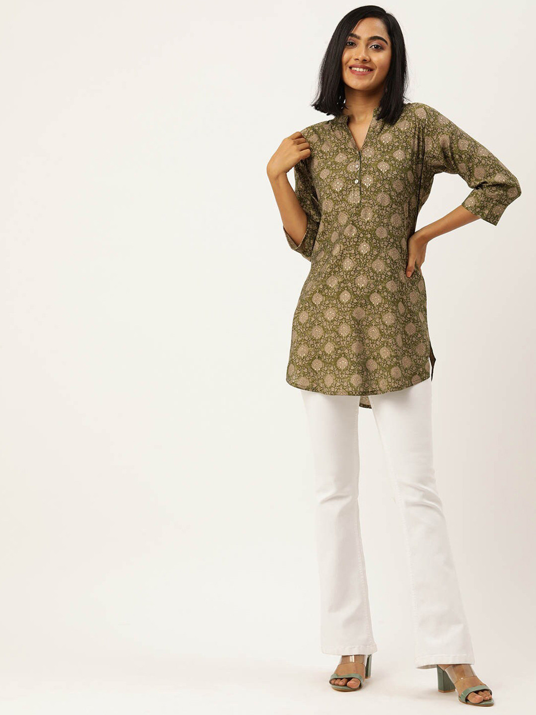 Buy ZOLA Green Mandarin Collar Printed Tunic - Tunics for Women ...