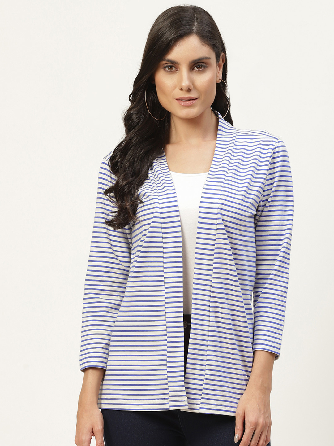 Buy WISSTLER Women White & Blue Striped Front Open Shrug - Shrug for ...