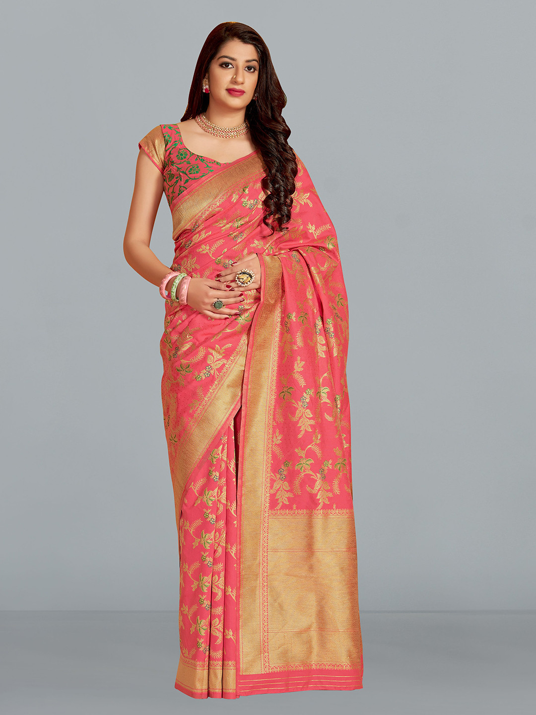 Buy MONJOLIKA FASHION Pink & Gold Toned Woven Design Zari Silk Blend ...
