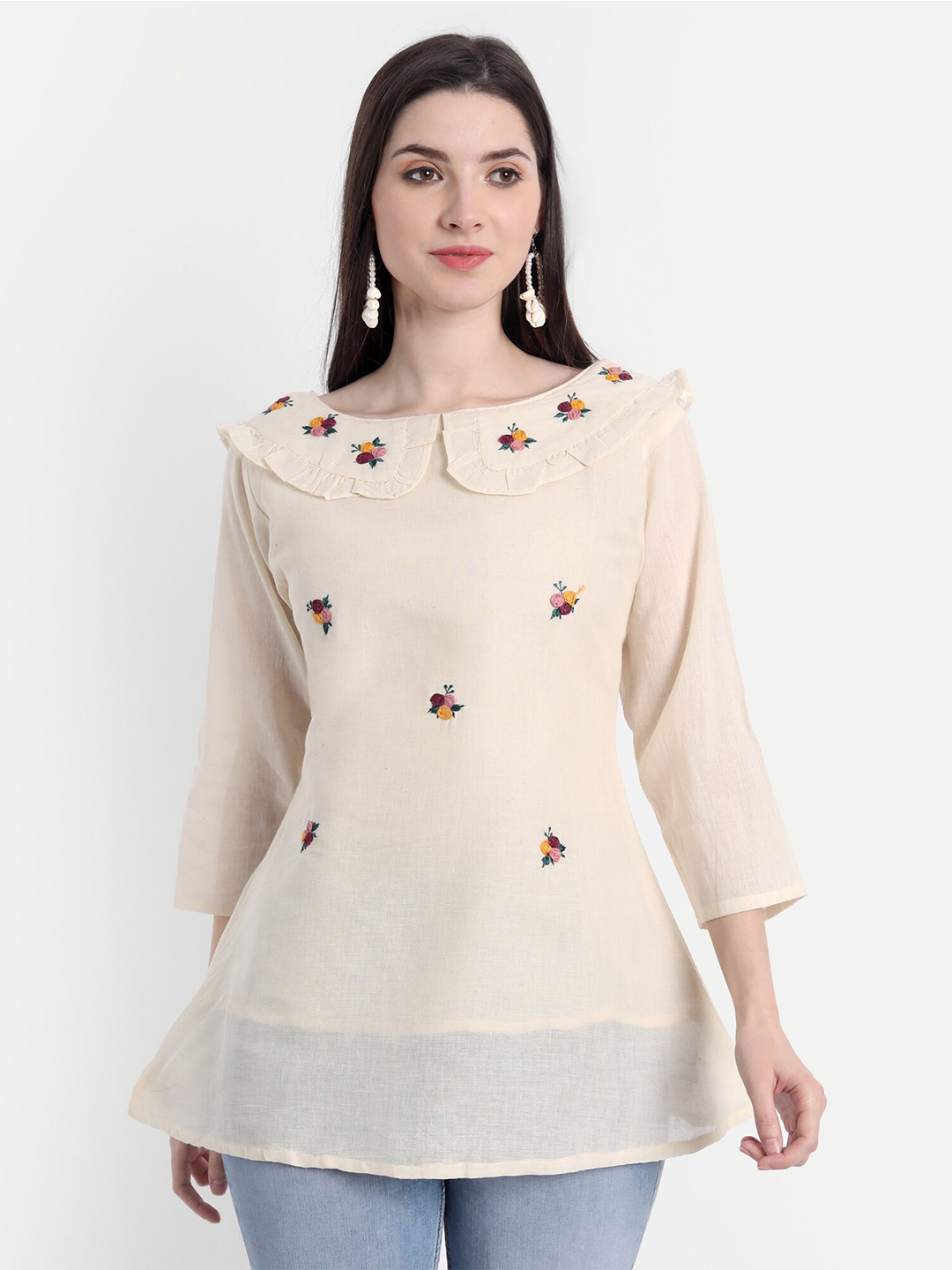 Buy Flenzy Beige & Yellow Embroidered Boat Neck Tunic - Tunics for ...