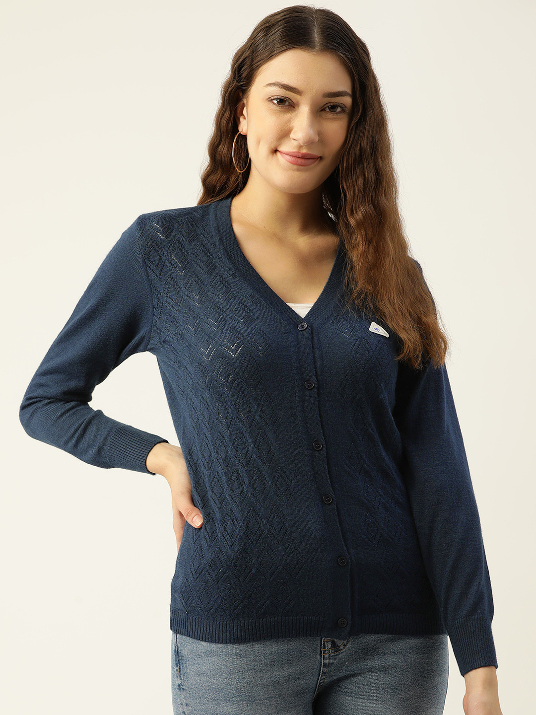 Buy Monte Carlo Women Navy Blue Open Knit V Neck Cardigan - Sweaters ...