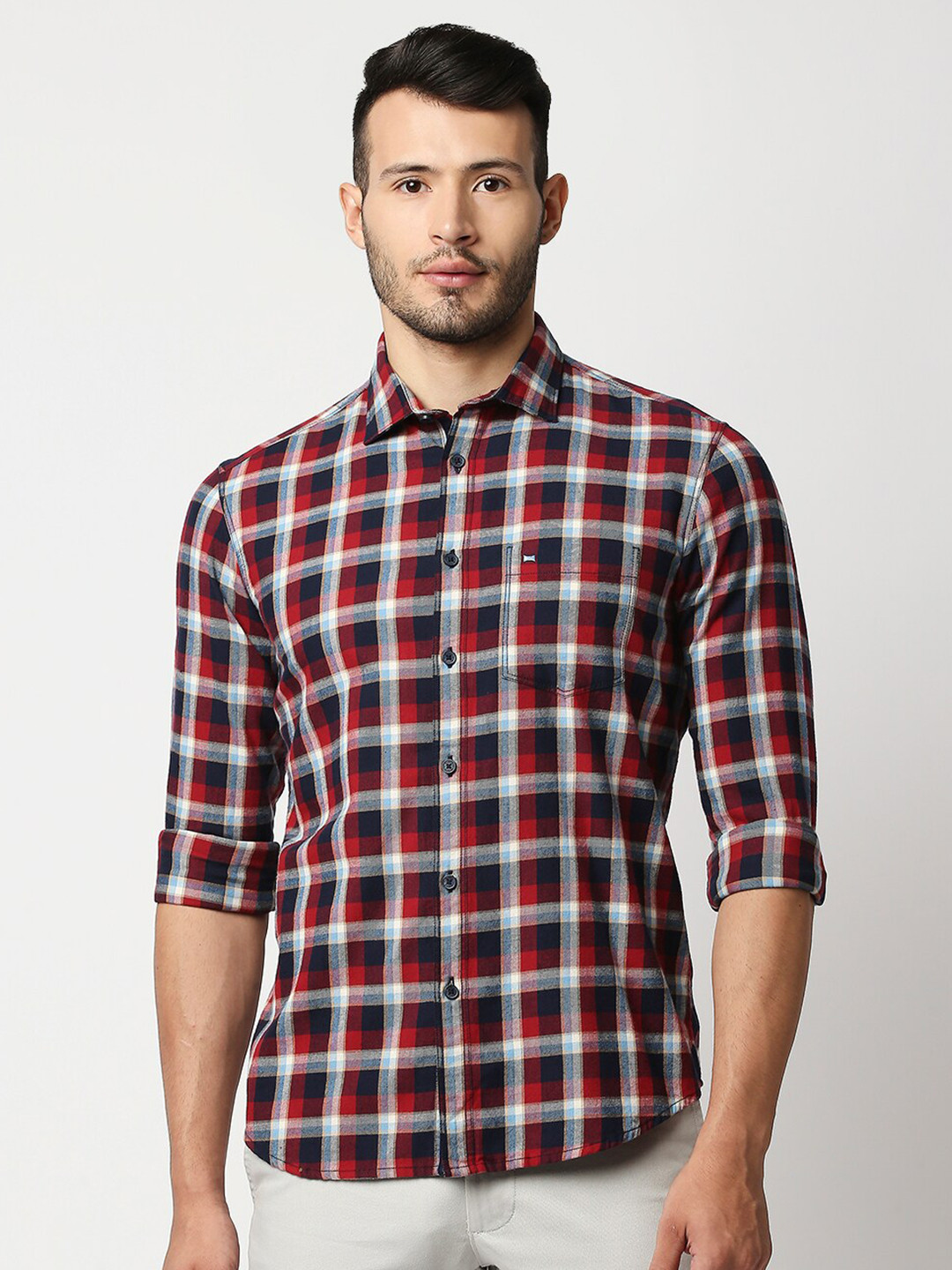 Buy Basics Men Red Slim Fit Checked Casual Shirt - Shirts for Men ...