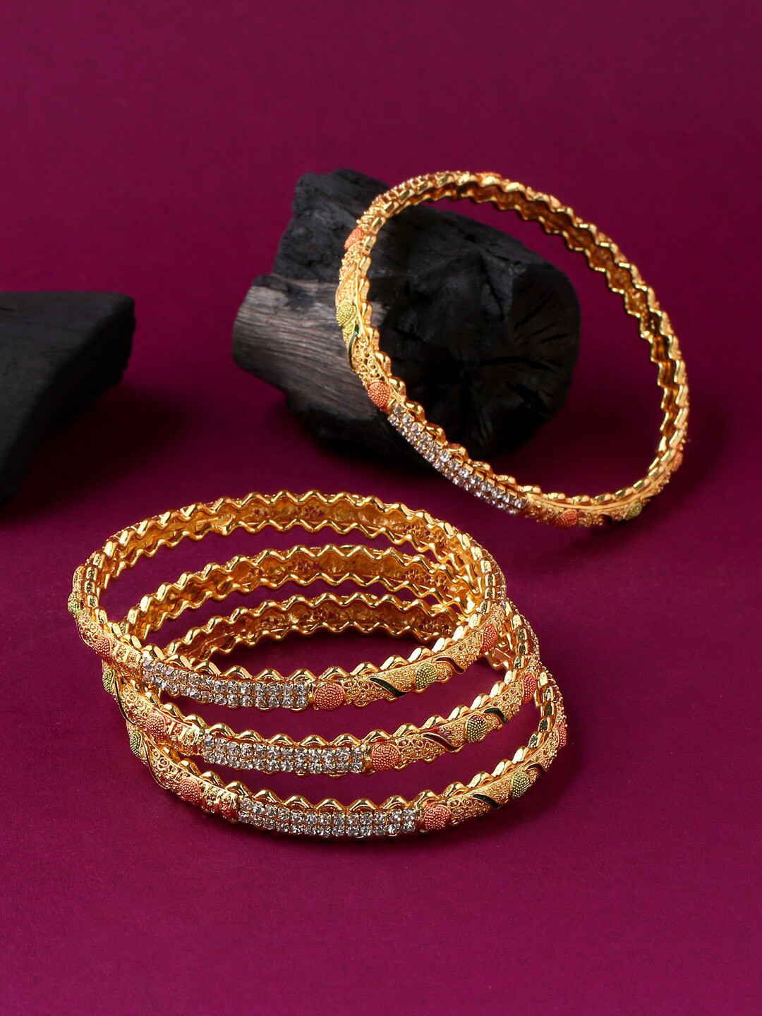 Buy VIRAASI Set Of 4 Gold Plated & White Stone Studded Bangles - Bangle ...