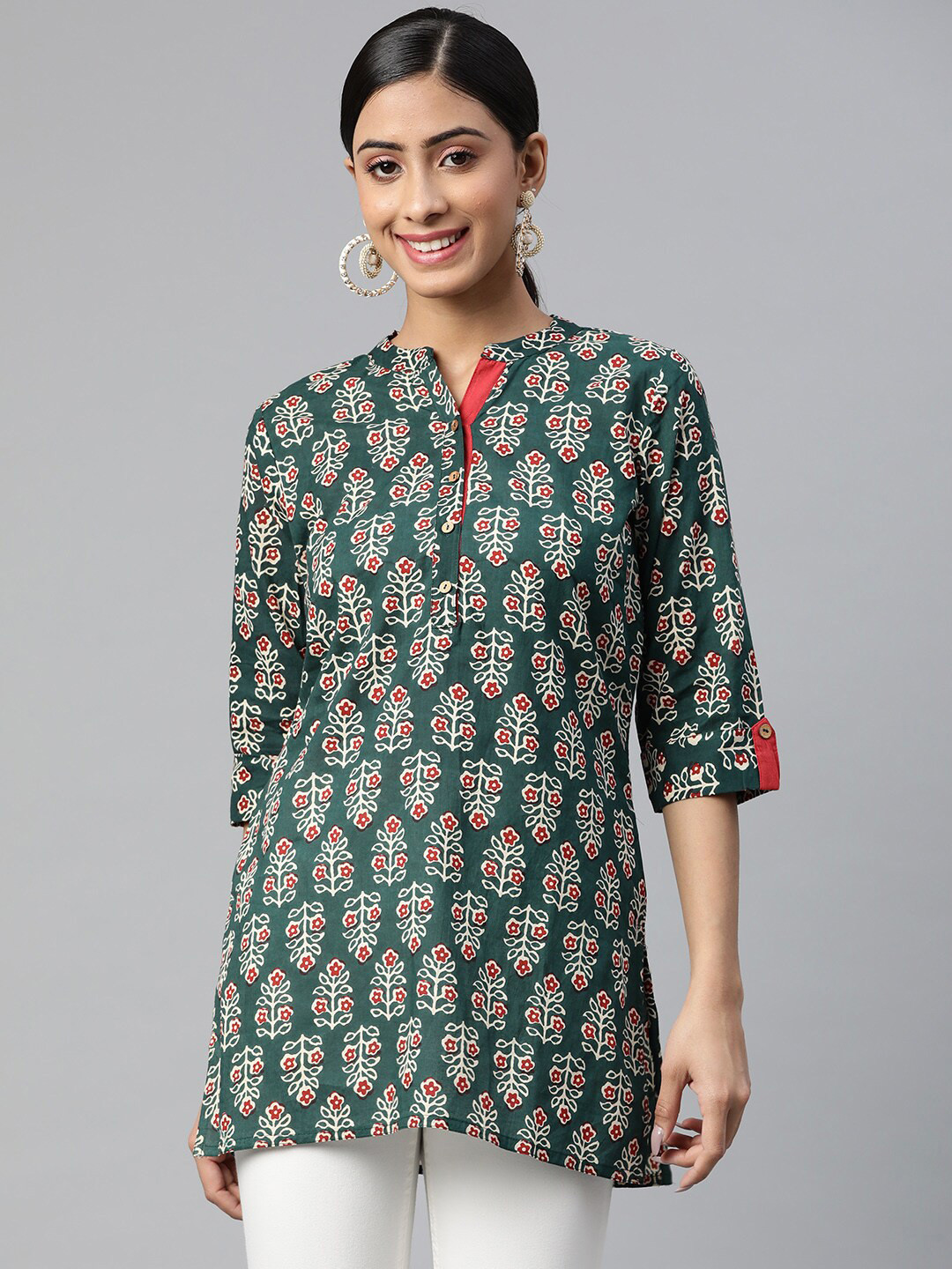Buy IRIDAA JAIPUR Women Bottle Green Mandarin Collar Printed Tunic ...