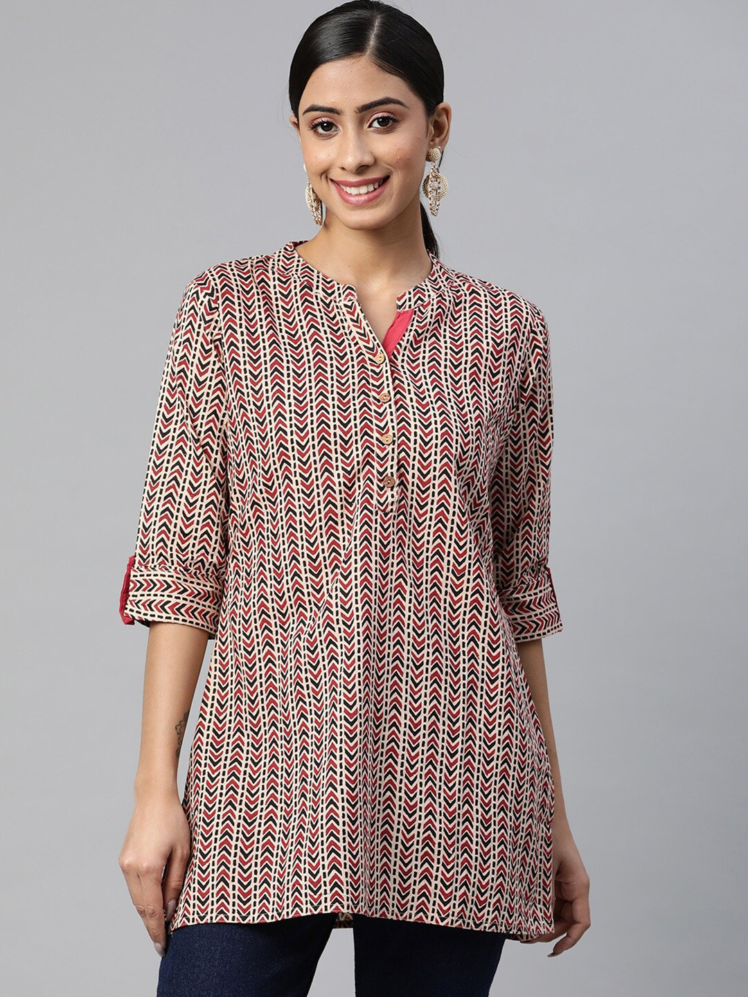 Buy IRIDAA JAIPUR Beige & Red Mandarin Collar Printed Tunic - Tunics ...