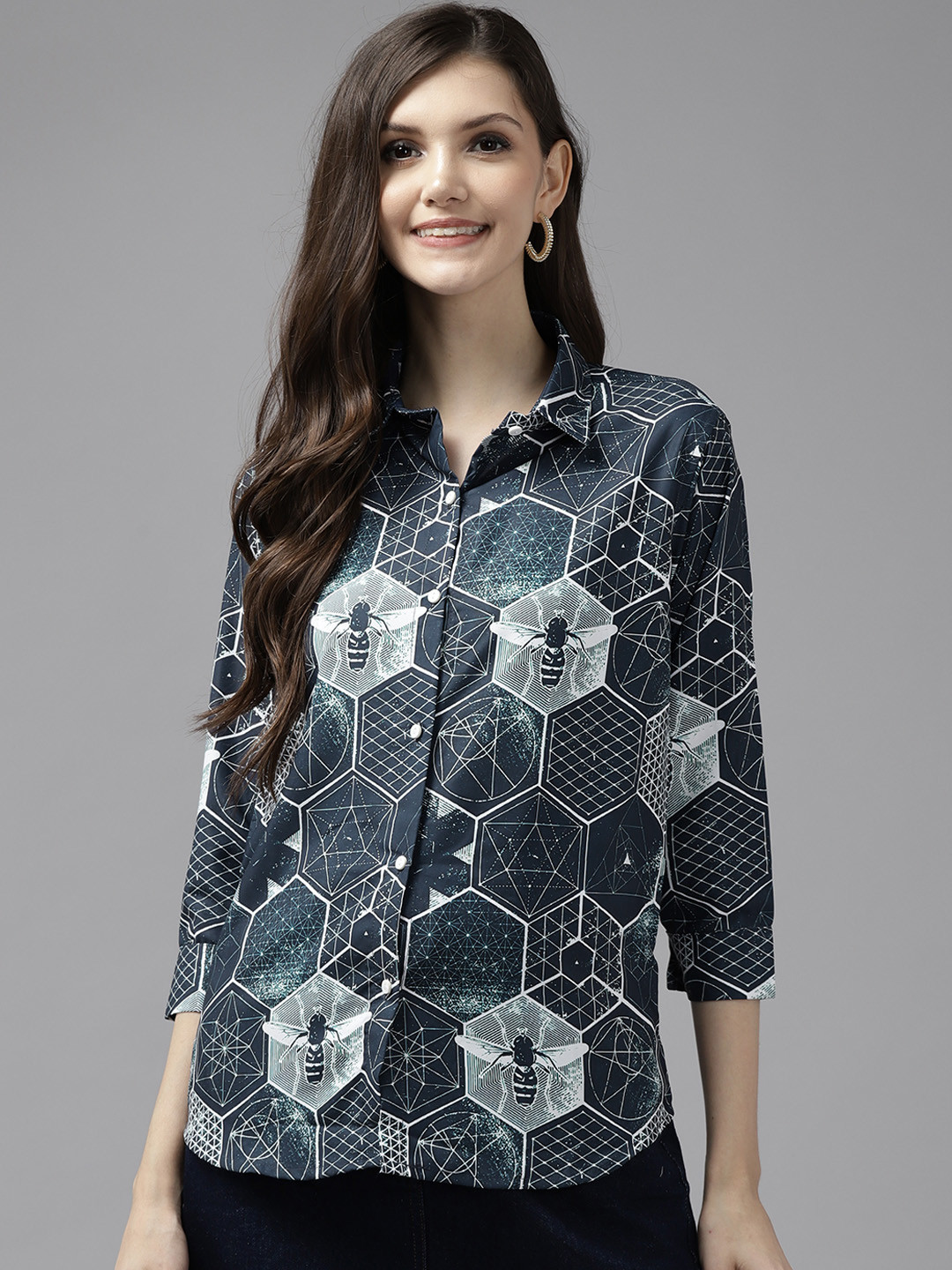 Buy Aarika Women Navy Blue Comfort Printed Pure Cotton Casual Shirt ...
