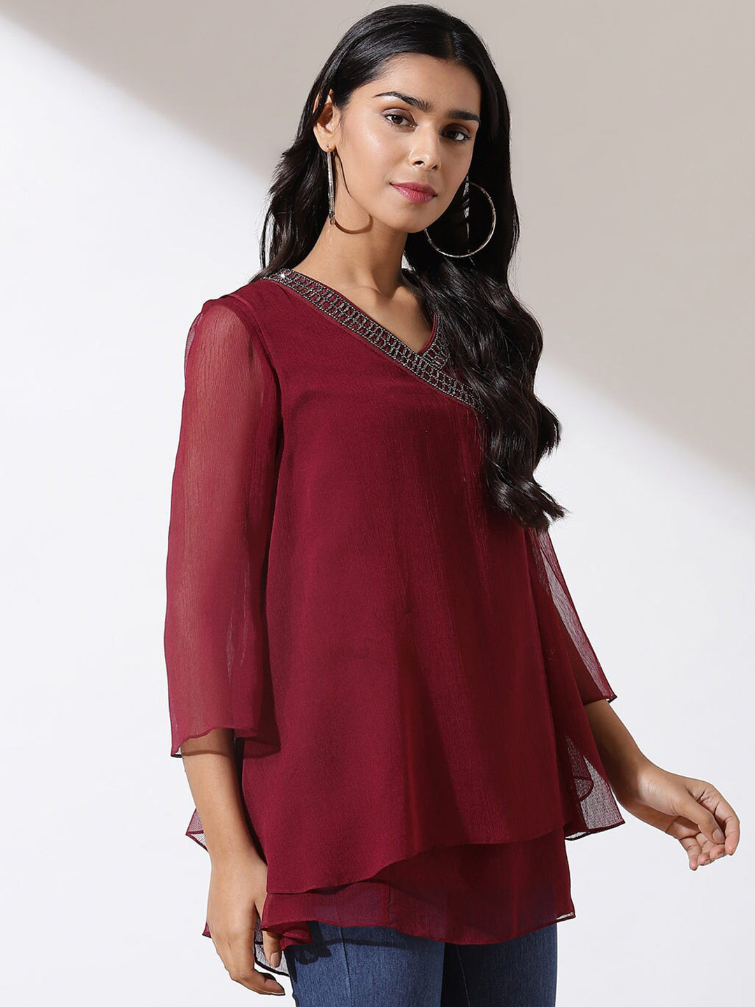 Buy Lakshita Plum Wine Chiffon Embellished Layered Sheer Chiffon Top ...