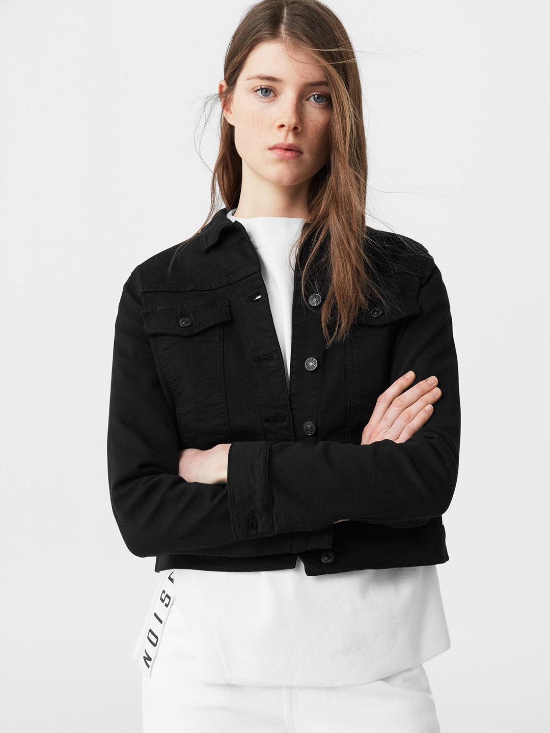 Buy MANGO Women Black Solid Denim Jacket - Jackets for Women 1900813 ...