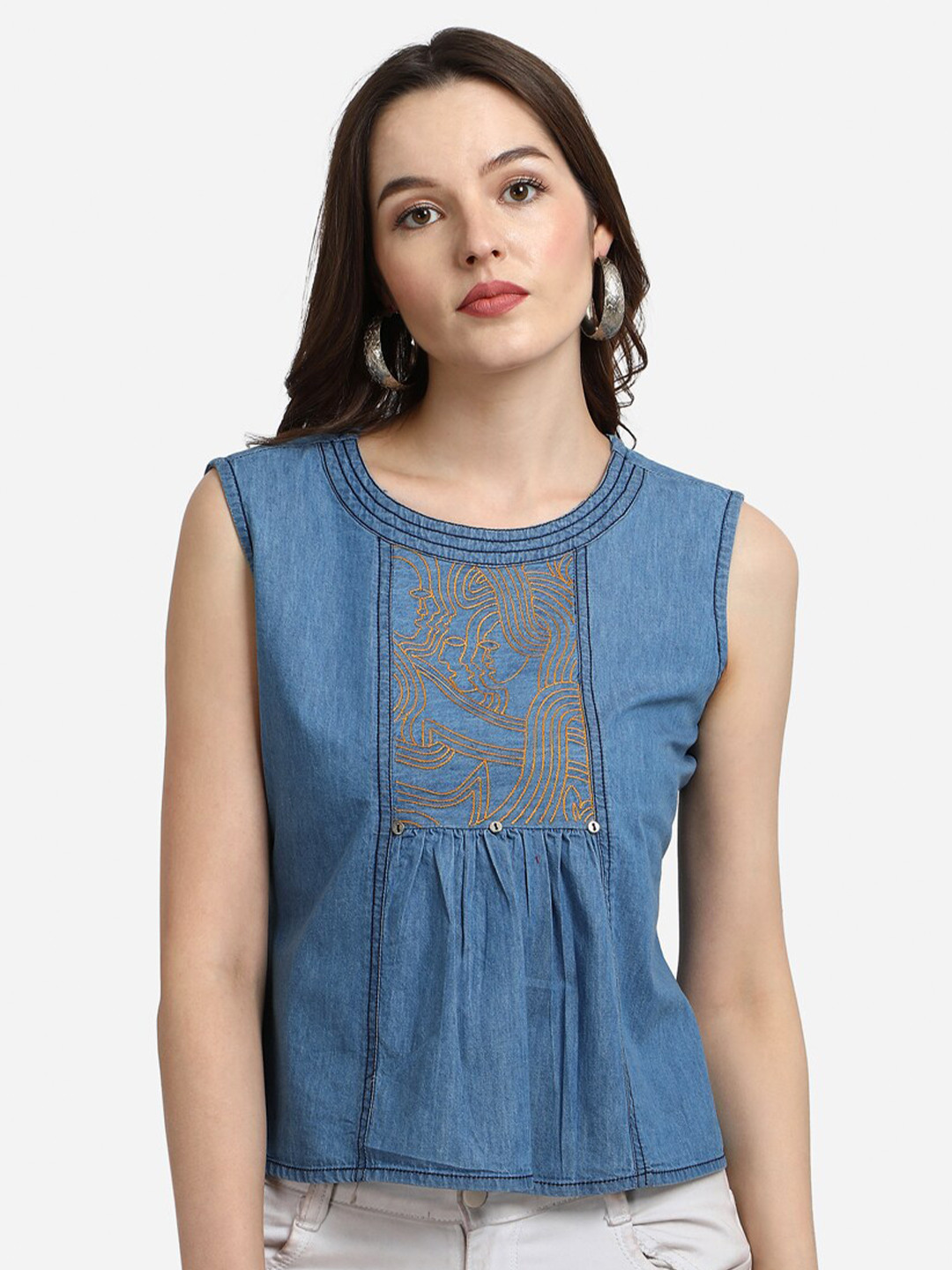 Buy Prettify Blue Embroidered Denim Top - Tops for Women 19008590 | Myntra