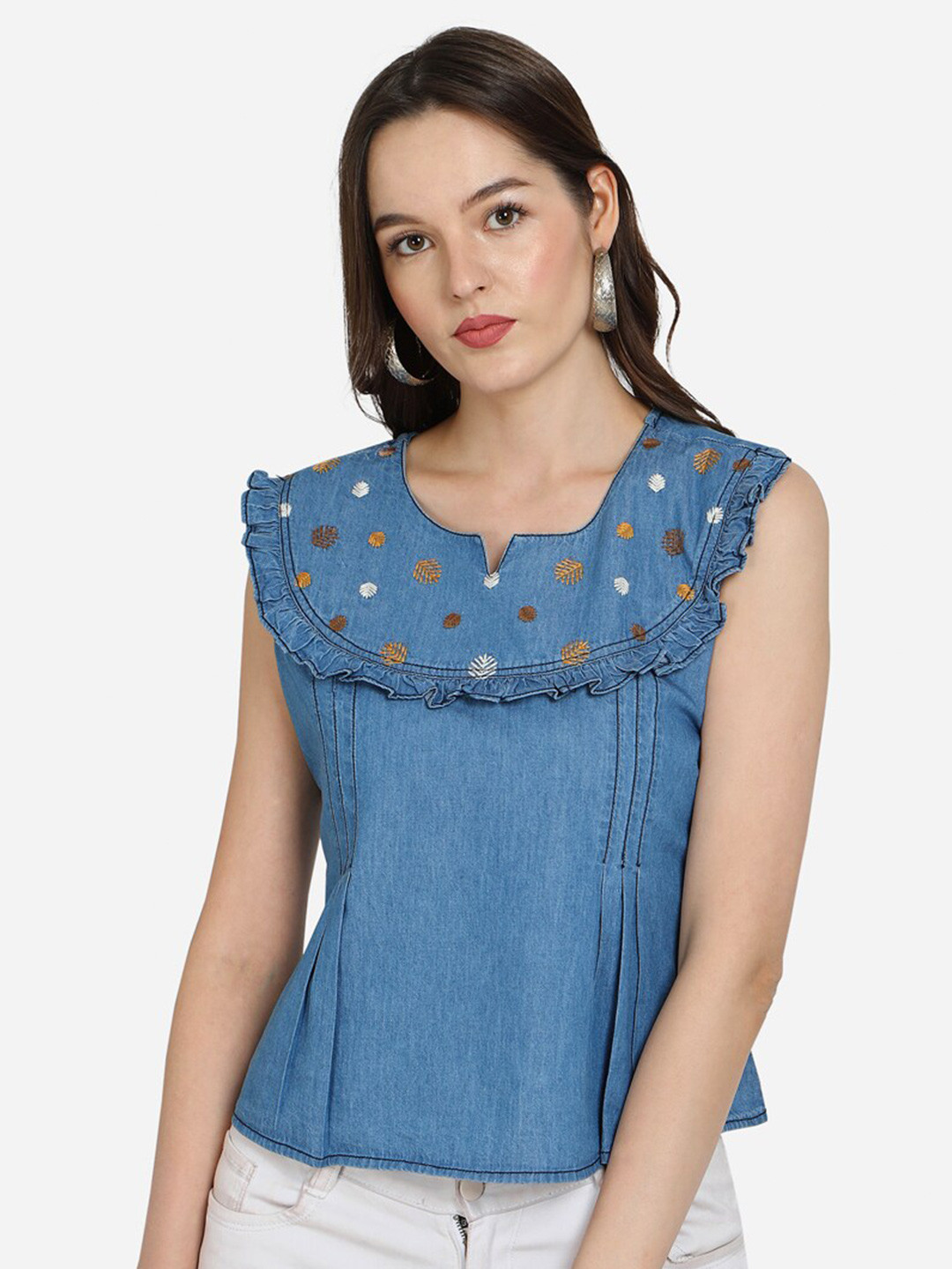 Buy Prettify Blue Embellished Embroidered Denim Top - Tops for Women ...