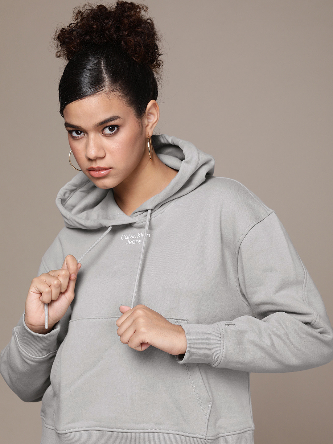 Buy Calvin Klein Jeans Women Grey Brand Logo Printed Crop Hooded ...