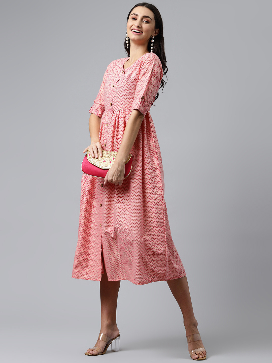 Buy MALHAAR Pink & Red Chevron Printed Fit & Flared Maxi Pure Cotton ...