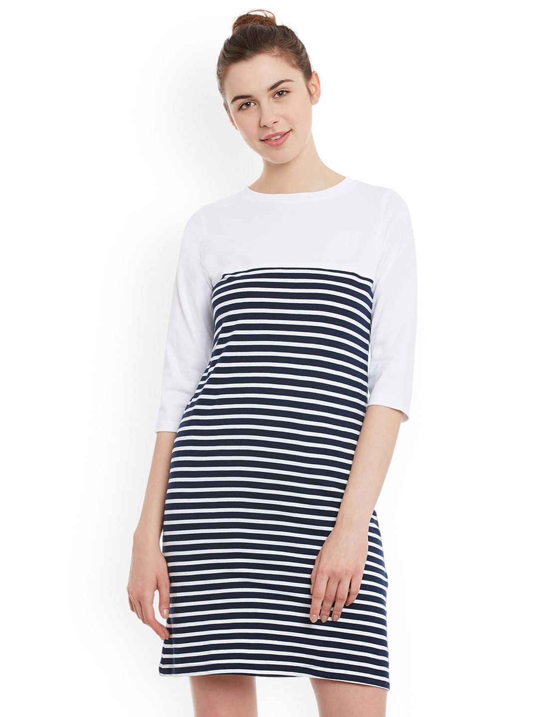 Buy Miss Chase Women Navy Blue & White Striped Knee Length T Shirt ...