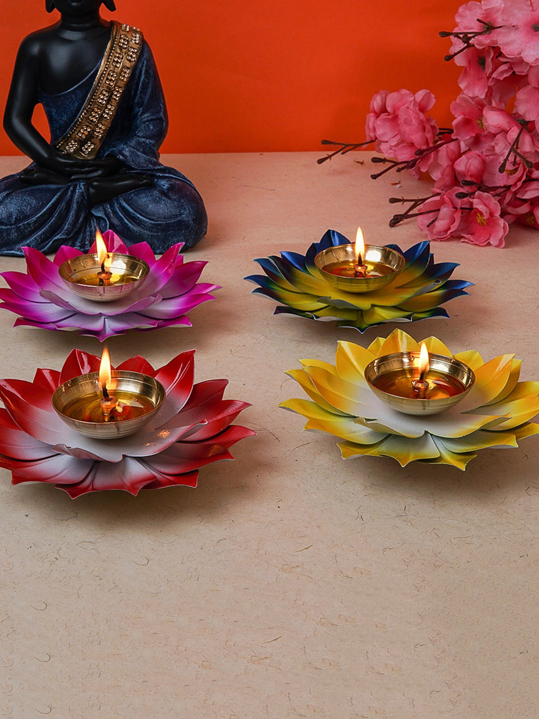 Buy StatueStudio Set Of 4 Lotus Shaped Metal Diyas - Pooja Essentials ...
