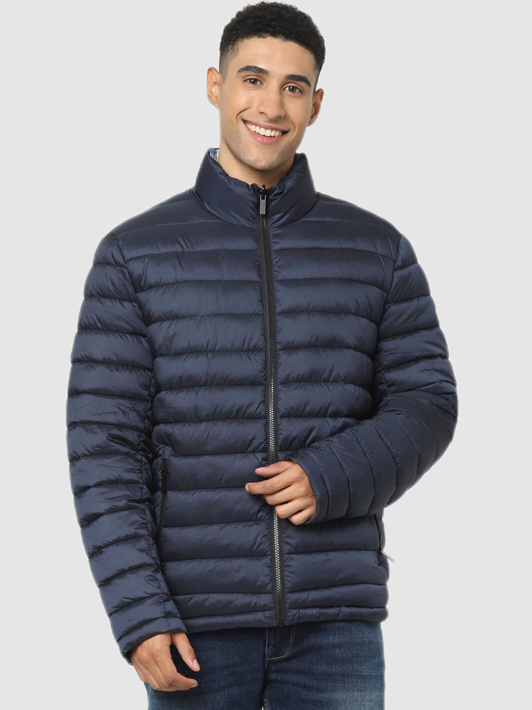 Buy Celio Men Blue Camouflage Striped Padded Jacket - Jackets for Men ...