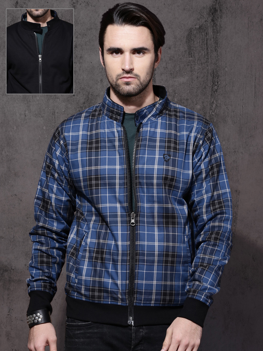 Buy Roadster Men Blue & Black Checked Reversible Bomber Jacket ...
