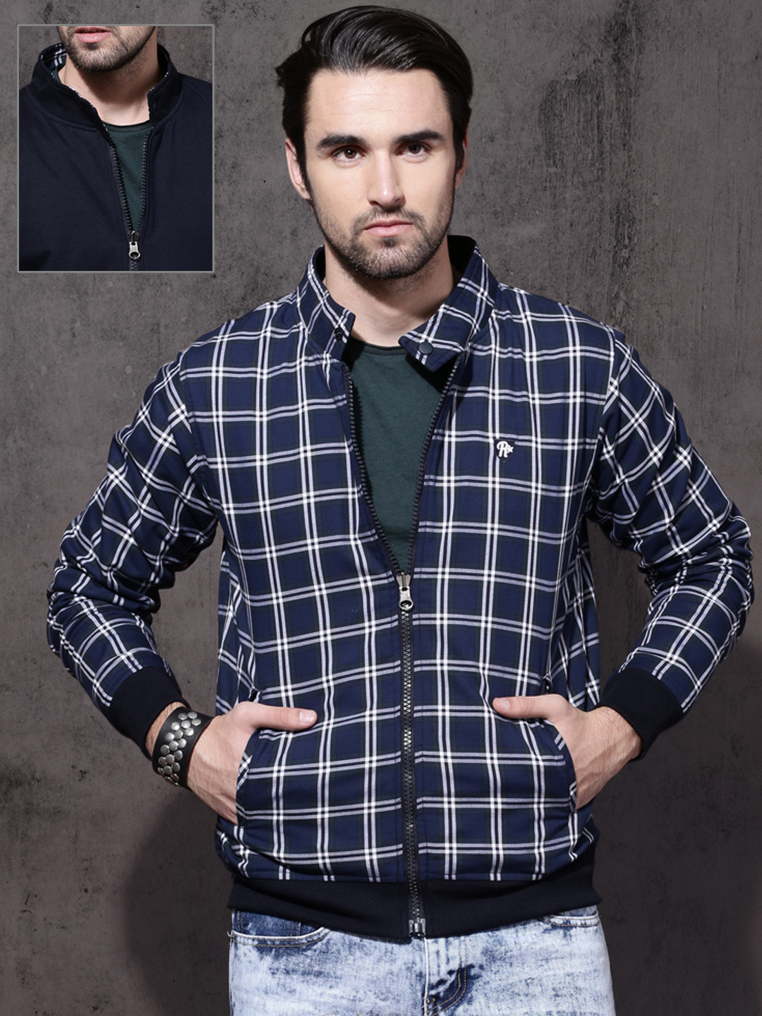Buy Roadster Men Blue Checked Reversible Bomber Jacket - Jackets for ...