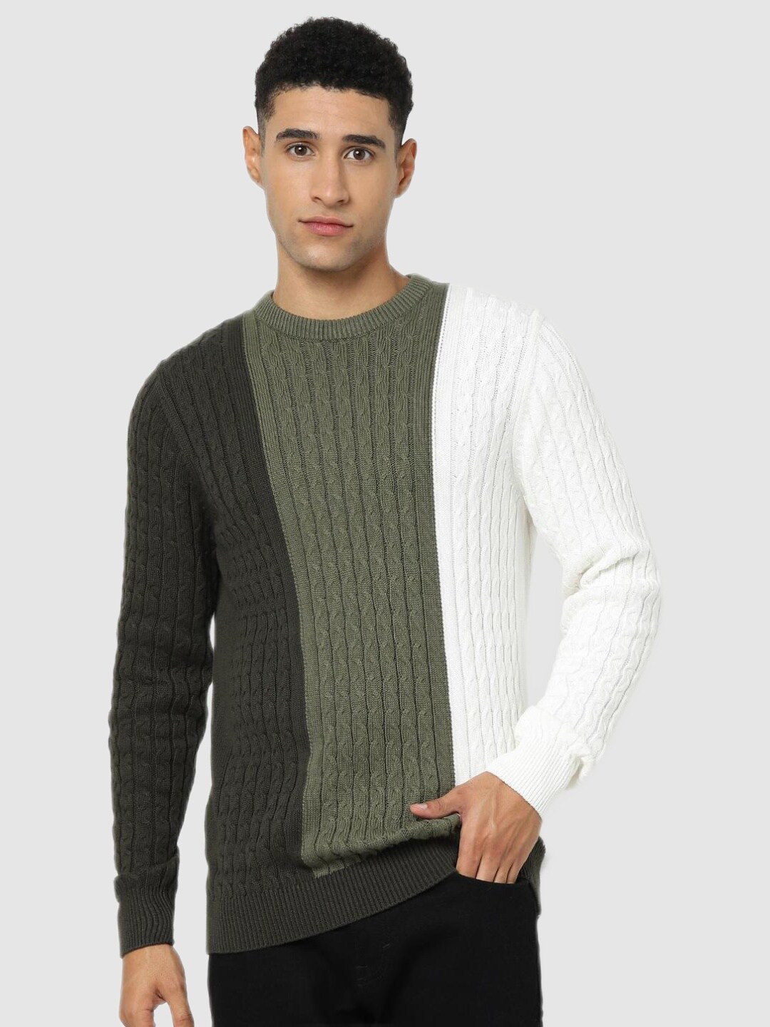 Buy Celio Men Dark Green, Olive Green & White Vertical Striped Sweater ...