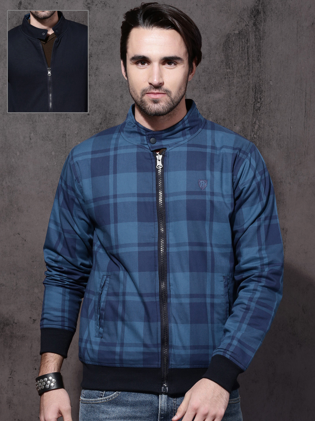 Buy Roadster Men Blue Checked Reversible Bomber Jacket - Jackets for ...