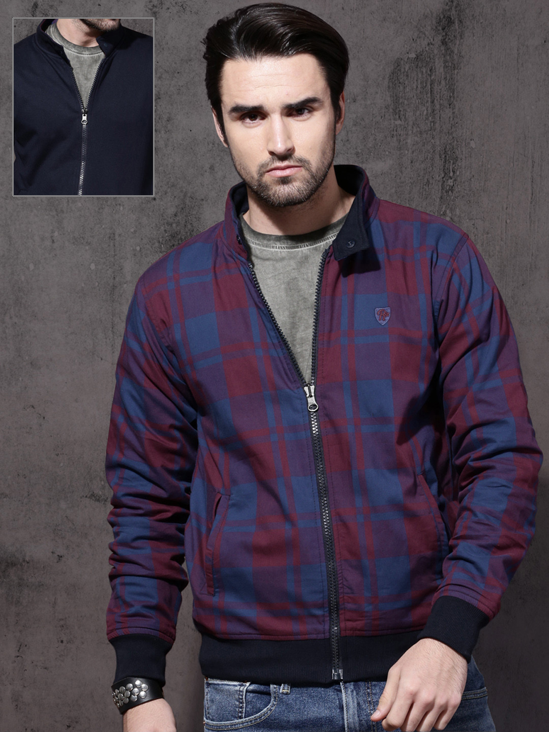 Buy Roadster Men Blue & Maroon Checked Reversible Bomber Jacket ...