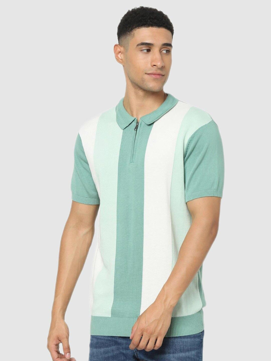 Buy Celio Men Green Colourblocked Polo Collar Raw Edge T Shirt ...
