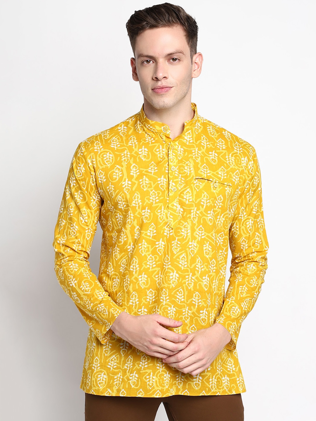 Buy Devoiler Men Yellow Printed Cotton Short Kurta Kurtas For Men