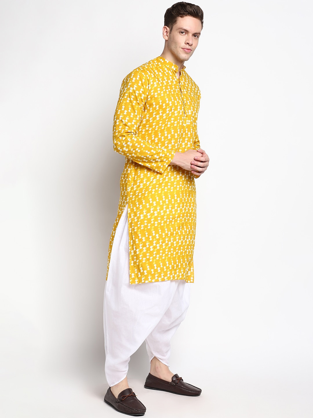 Buy Devoiler Men Yellow Block Printed Pure Cotton Kurta Kurtas For