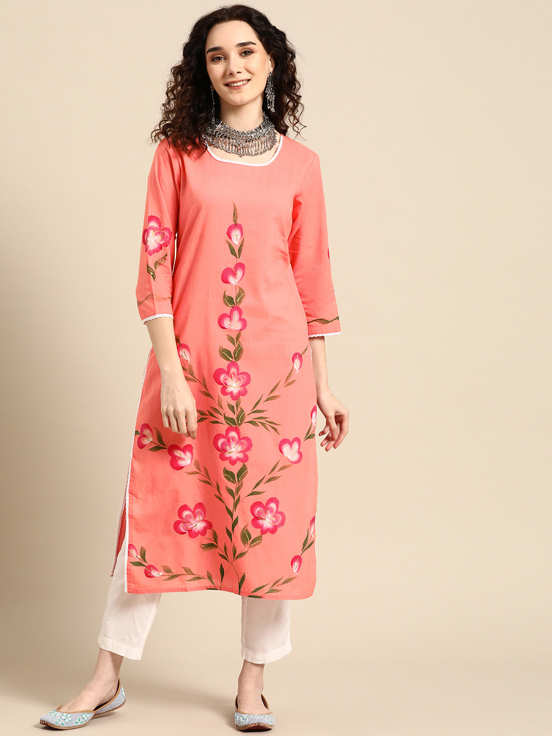 Buy Sangria Women Peach Coloured Floral Printed Floral Kurta - Kurtas ...