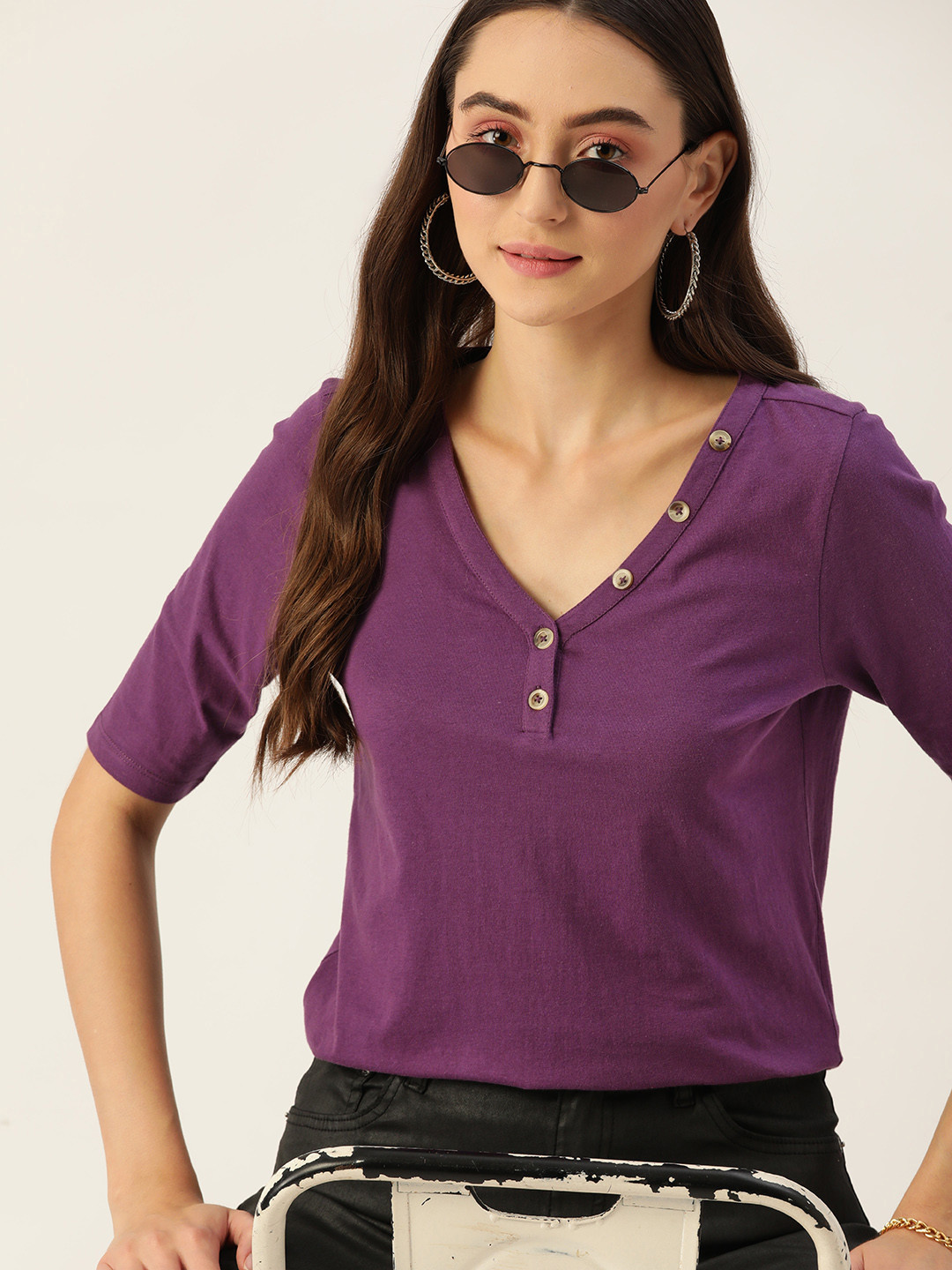 Buy DressBerry Women Violet V Neck Pure Cotton T Shirt - Tshirts for ...